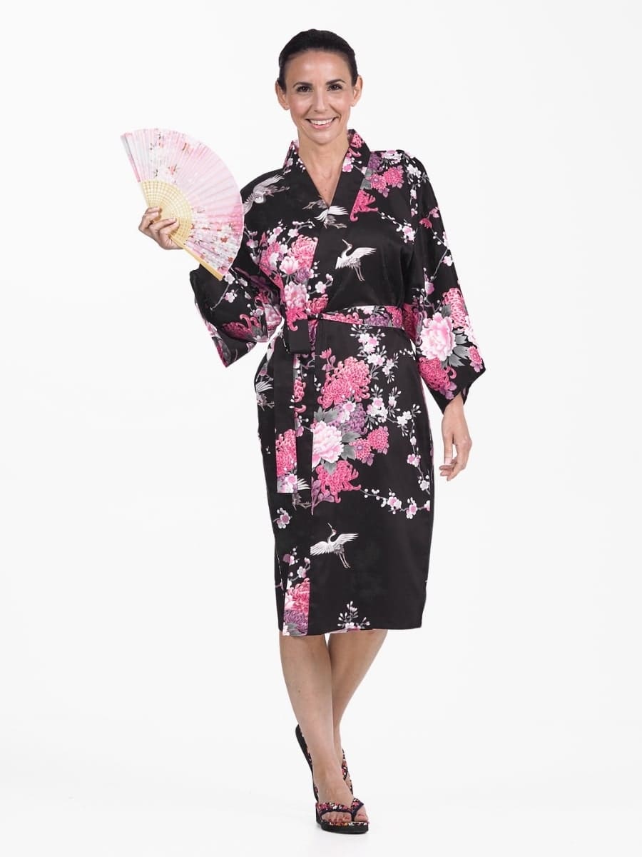 Kimono Happi Negro Grulla & Flores Mujer | Casa de Japón
